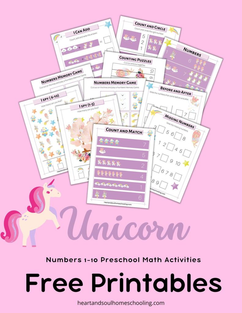 Unicorn Counting Printables for Preschool - Heart and Soul Homeschooling